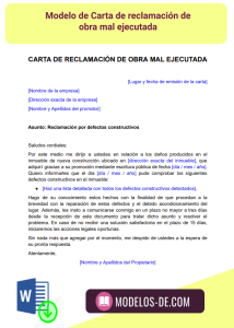 Modelo de Carta de reclamación de obra mal ejecutada en Word